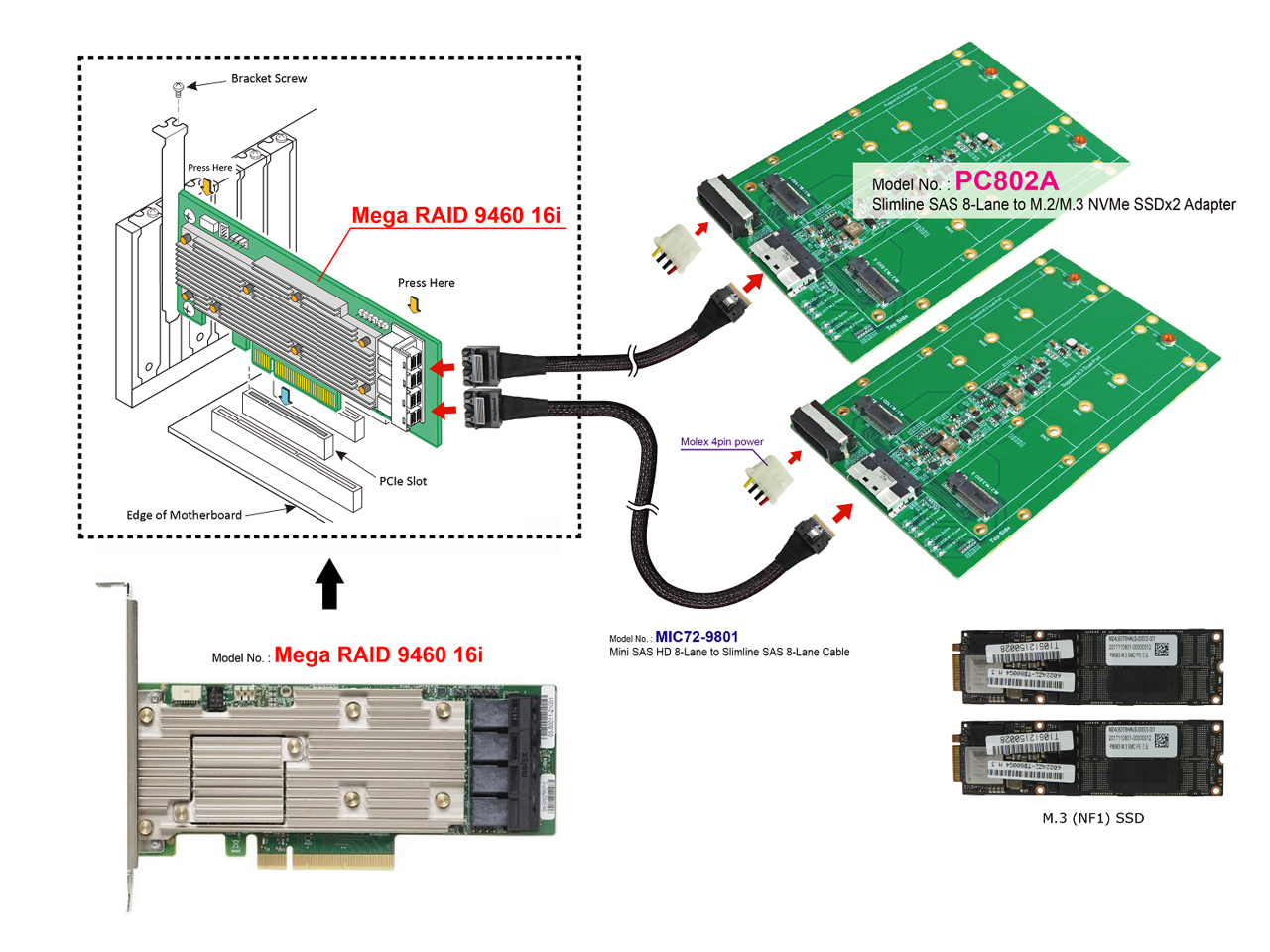 Slimilne SAS 8x SFF 8654 8 Lane To M 3 NF1 SSD For Tri Mode MegaRAID slimilne-sas-8x-sff-8654-8-lane-to-m-3-nf1-ssd-for-tri-mode-megaraid