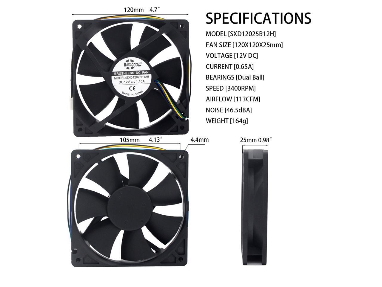 SXDOOL Computer CPU Fan 120MM (120X120X25) High Airflow 12v PWM Brushless DC Cooling Exhaust ...