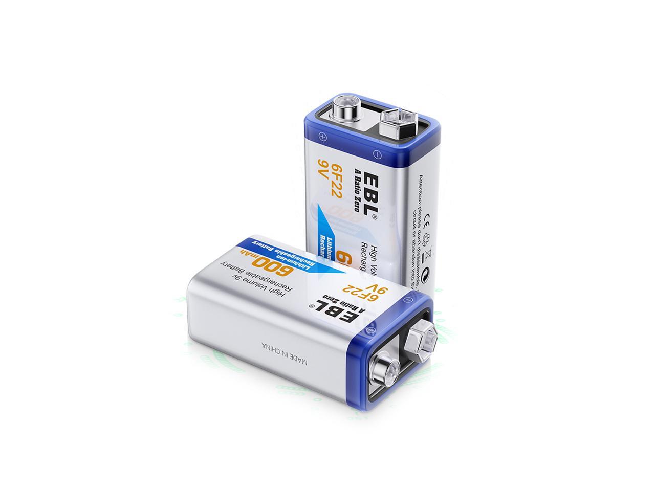EBL 2 Pack 6F22 9 Volt Li-ion Battery 9V 600mAh Lithium-ion ...