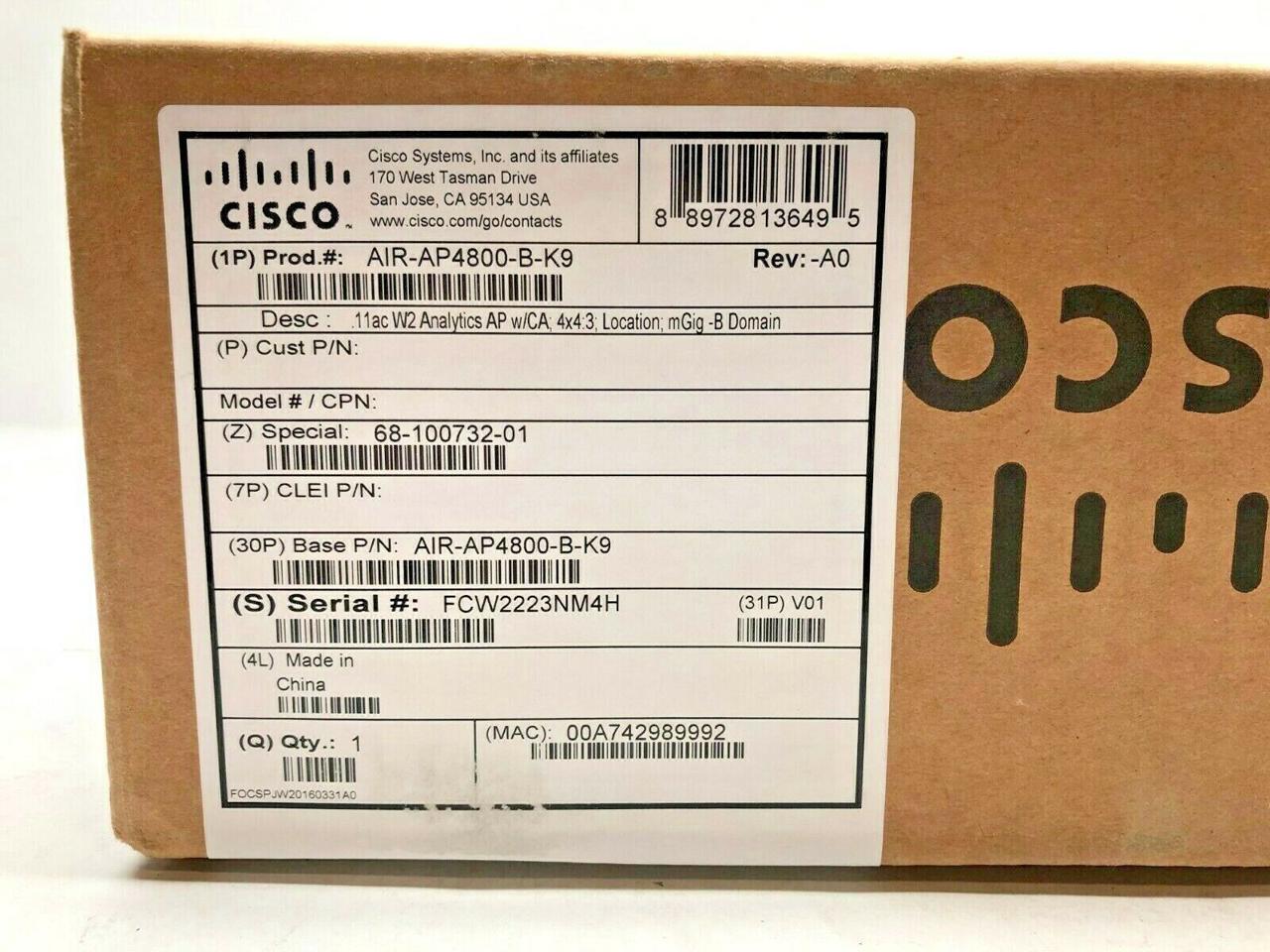 Cisco AIR-AP4800-B-K9 Aironet IEEE 802.11ac 5.20 Gbit/s Wireless Access ...