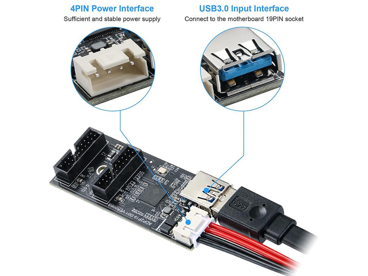 Internal USB 3.0 Hub, Motherboard USB 19/20P to Dual Male Headers Extension Hub Splitter Adapter ...