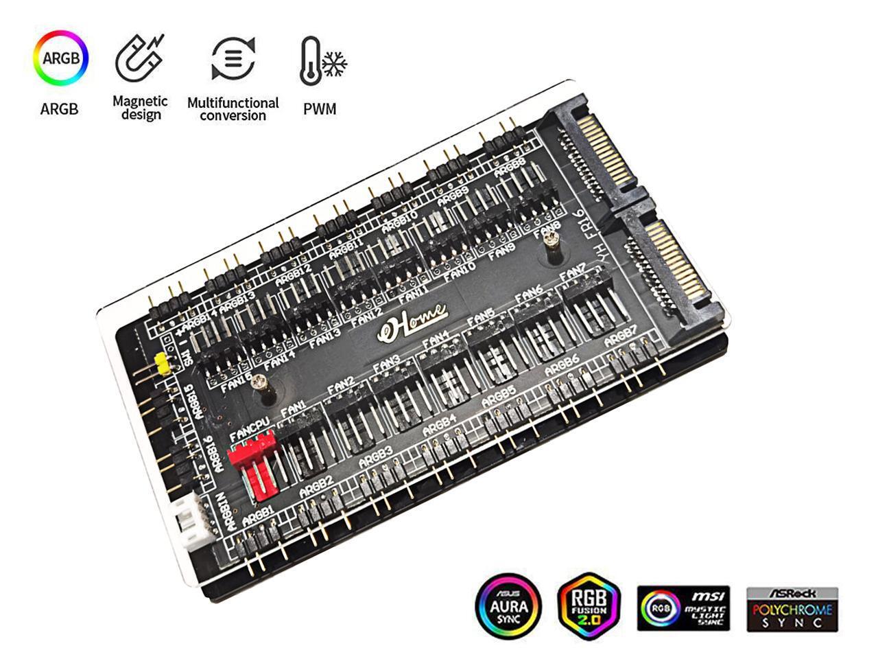 12V 4Pin PWM Hub & 5V 3Pin ARGB Controller with SATA 15Pin Power 2-in-1 16 Way Sync CPU Cooling ...