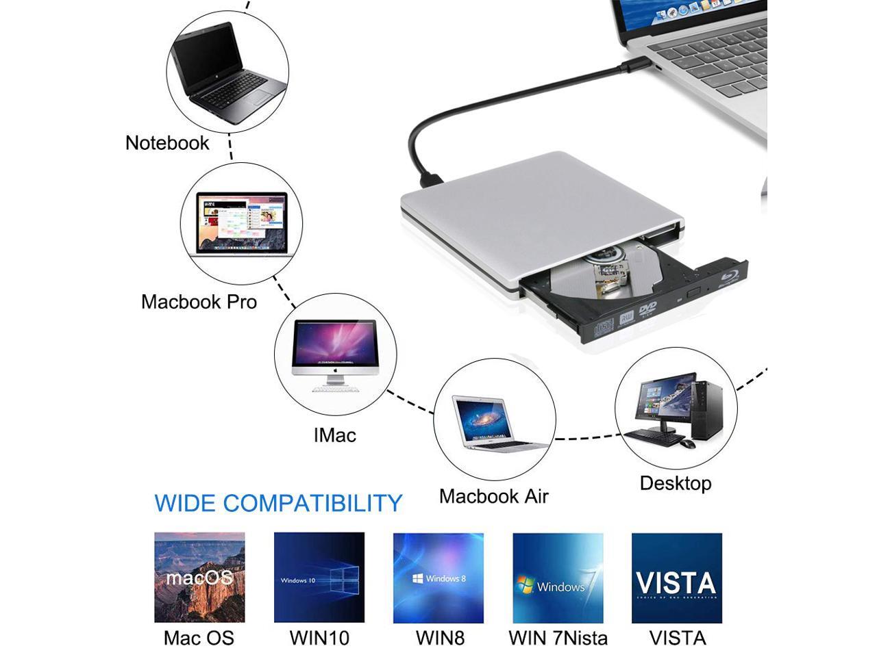 Aluminum External DVD Blu-Ray Player Drive, USB 3.0&Type C Dual Port ...