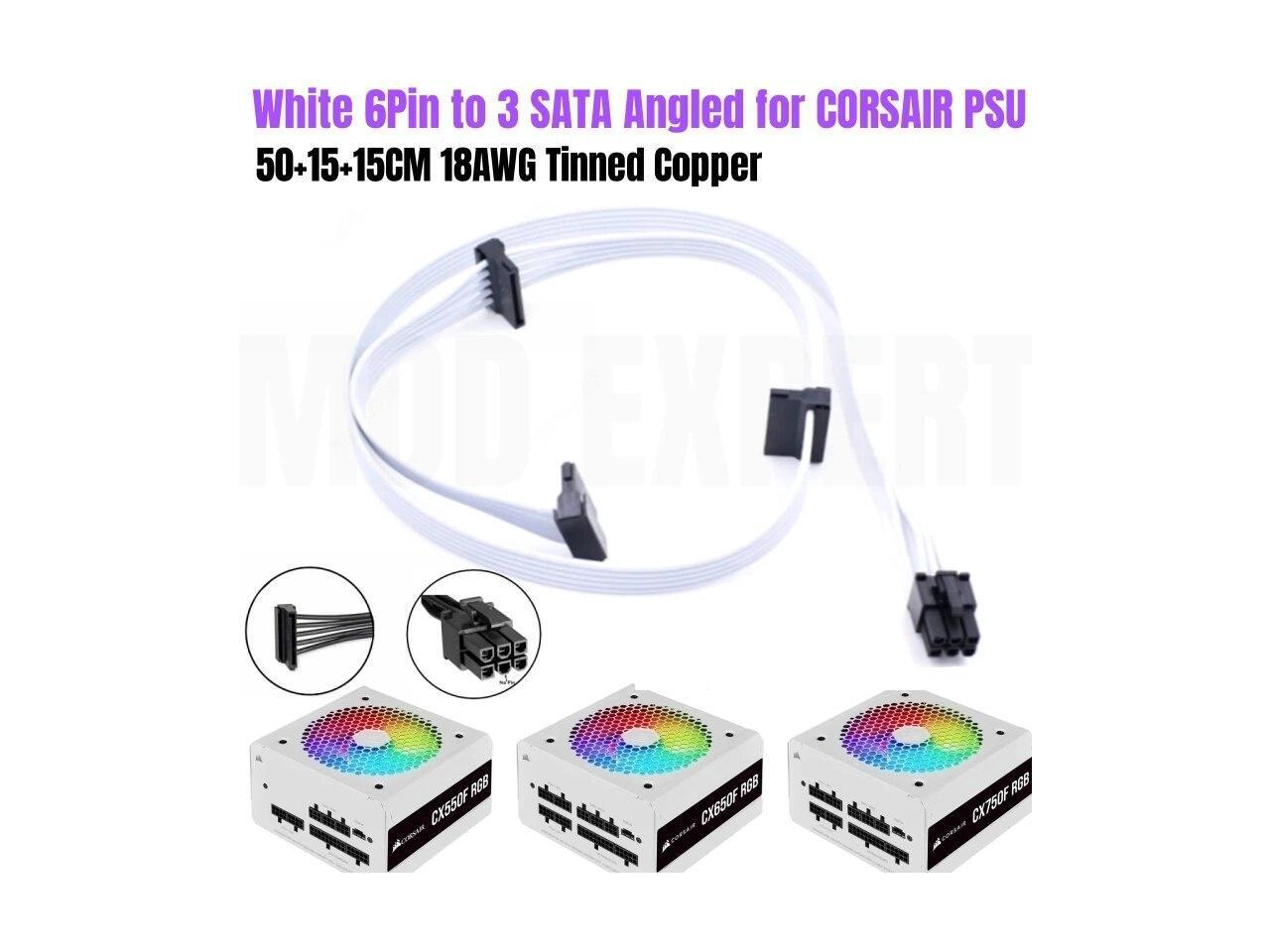 White 6Pin to 3 SATA Right Angled HDD SSD Power Cable for CORSAIR ...