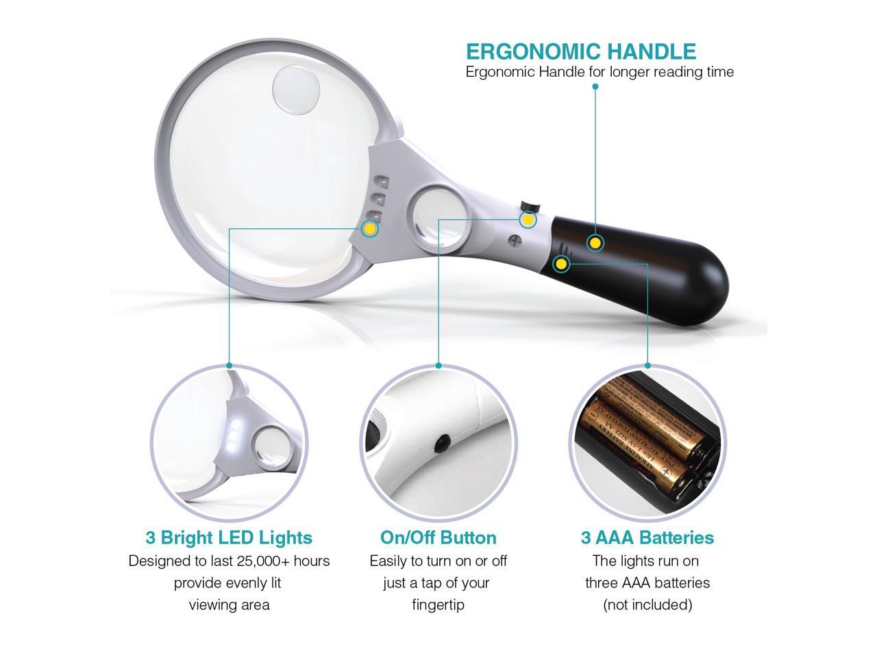 MagniPros 3 Ultra Bright LED Lights 3X 4.5X 25X Power Handheld Reading ...