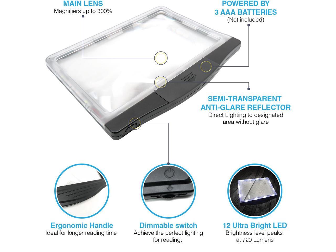 MagniPros 3X Large Ultra Bright LED Page Magnifier with 12 Anti-Glare ...
