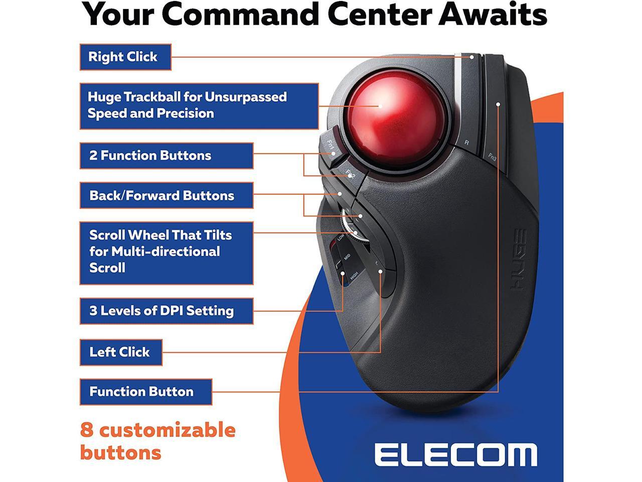 ELECOM HUGE Trackball Mouse, 2.4GHz Wireless, Finger Control, 8-Button ...