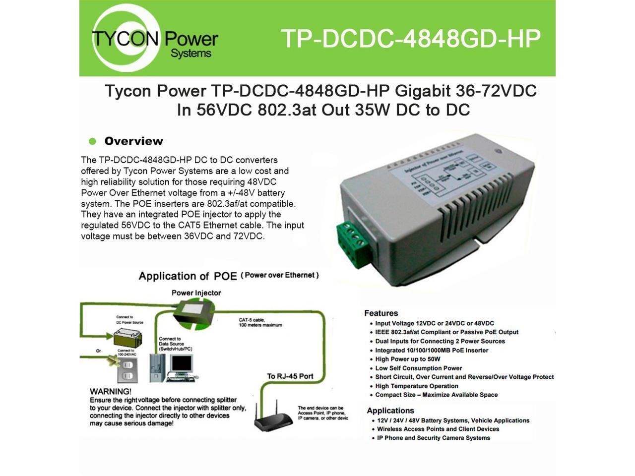 Tycon Power Gigabit +/- 36-72VDC Input, 56V 35W 802.3at POE Output ...