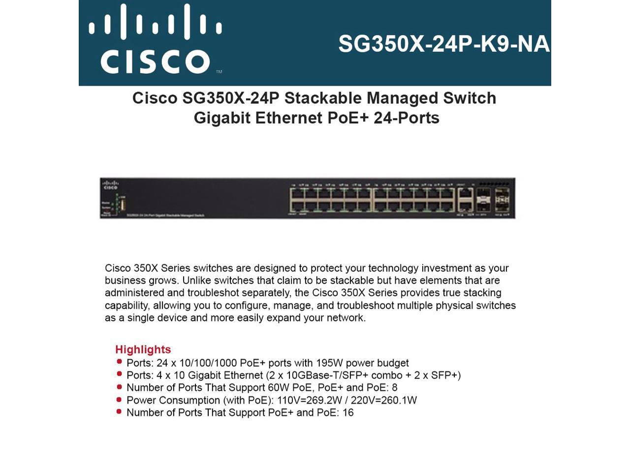CISCO SG350X-24PD-K9-NA 24-Port Gigabit PoE Stackable Managed Switch ...