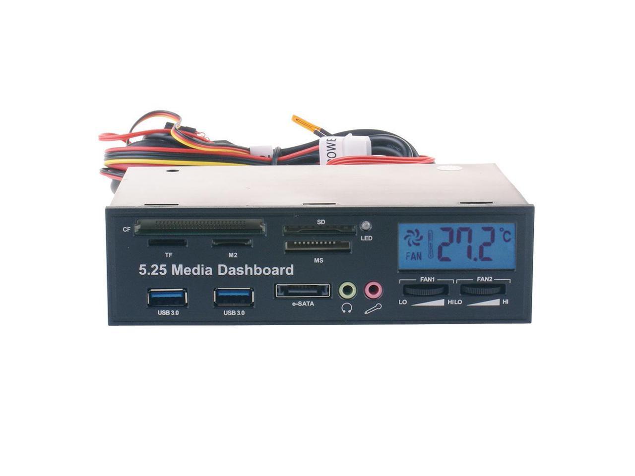 5.25" Multi USB 3.0 Hub CF TF M2 SD MS Card Reader Fan Controller With LCD Display PC Front ...
