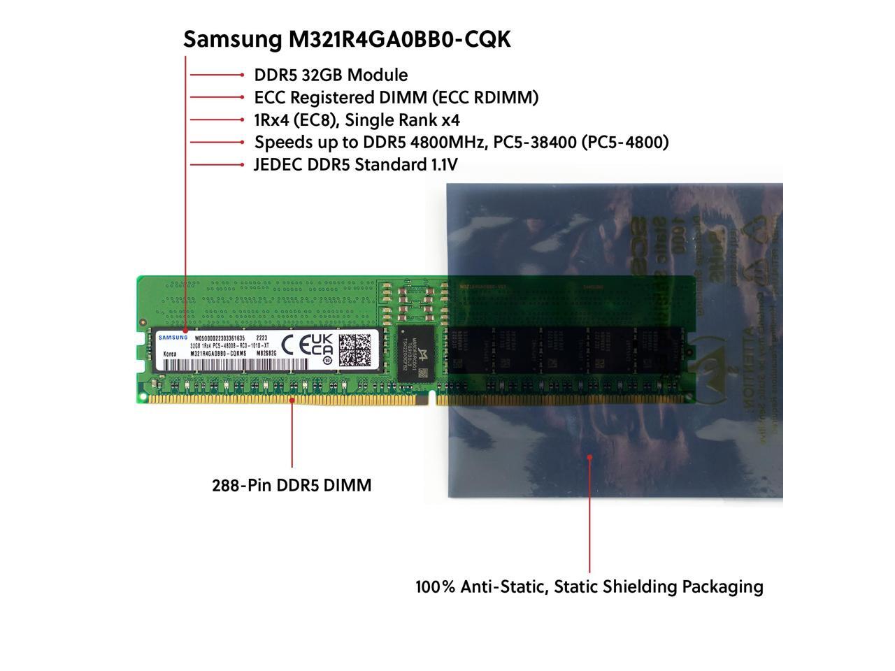 Samsung M321R4GA0BB0-CQK 32GB DDR5-4800 REG EC8 RDIMM PC5-38400R ECC Registered DIMM 288-Pin ...
