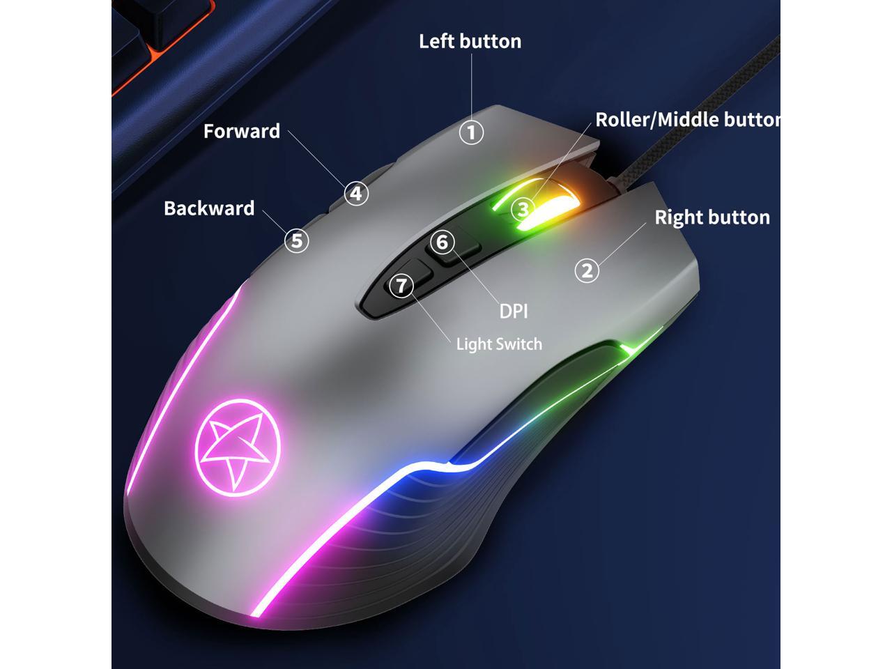 Wired Gaming Mouse USB Interface RGB Mice 7 Buttons 6400 DPI Breathing ...