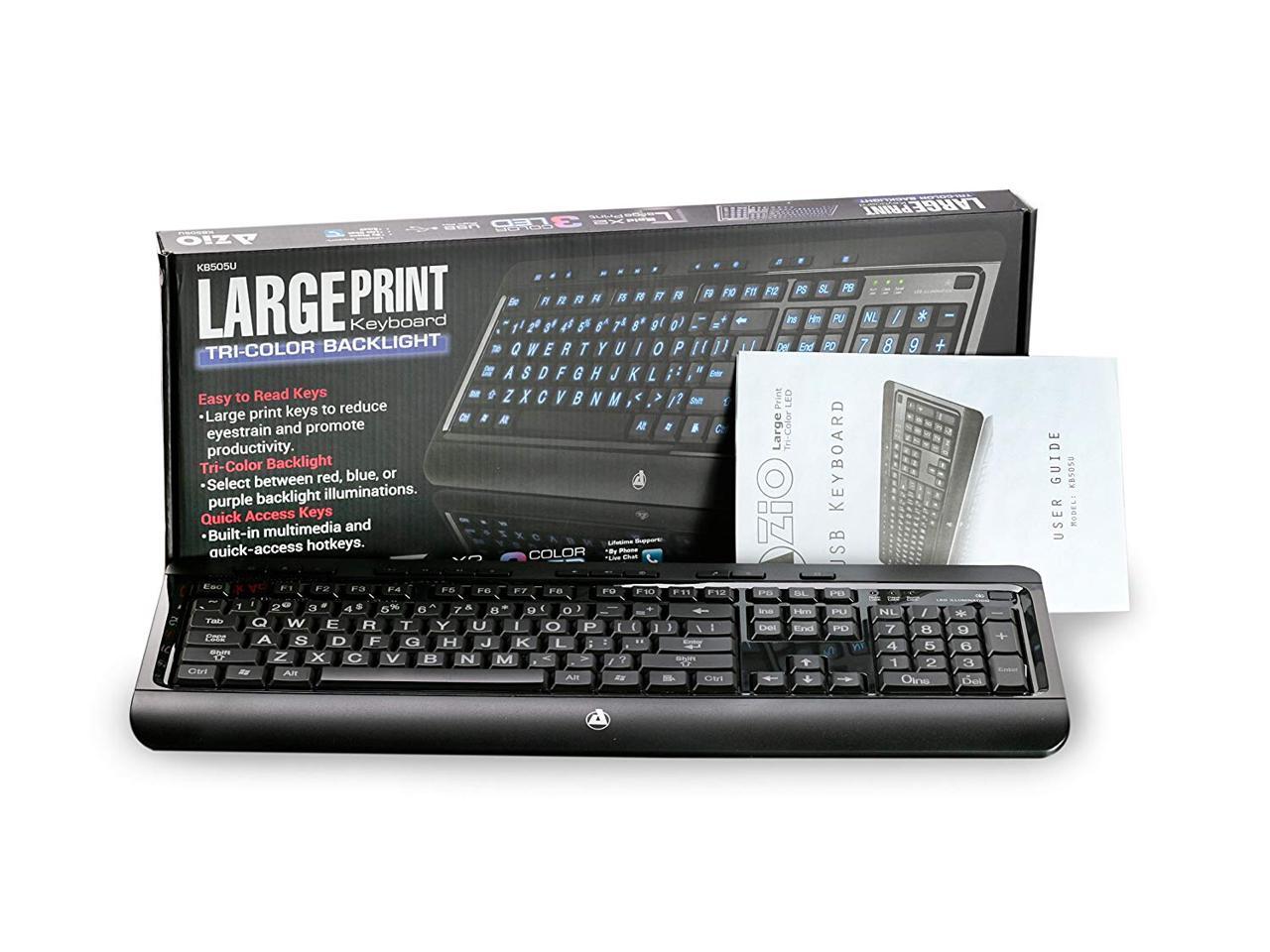 AZIO KB506U Large Print 3-Color Backlit Wired Keyboard Azio Large Print ...