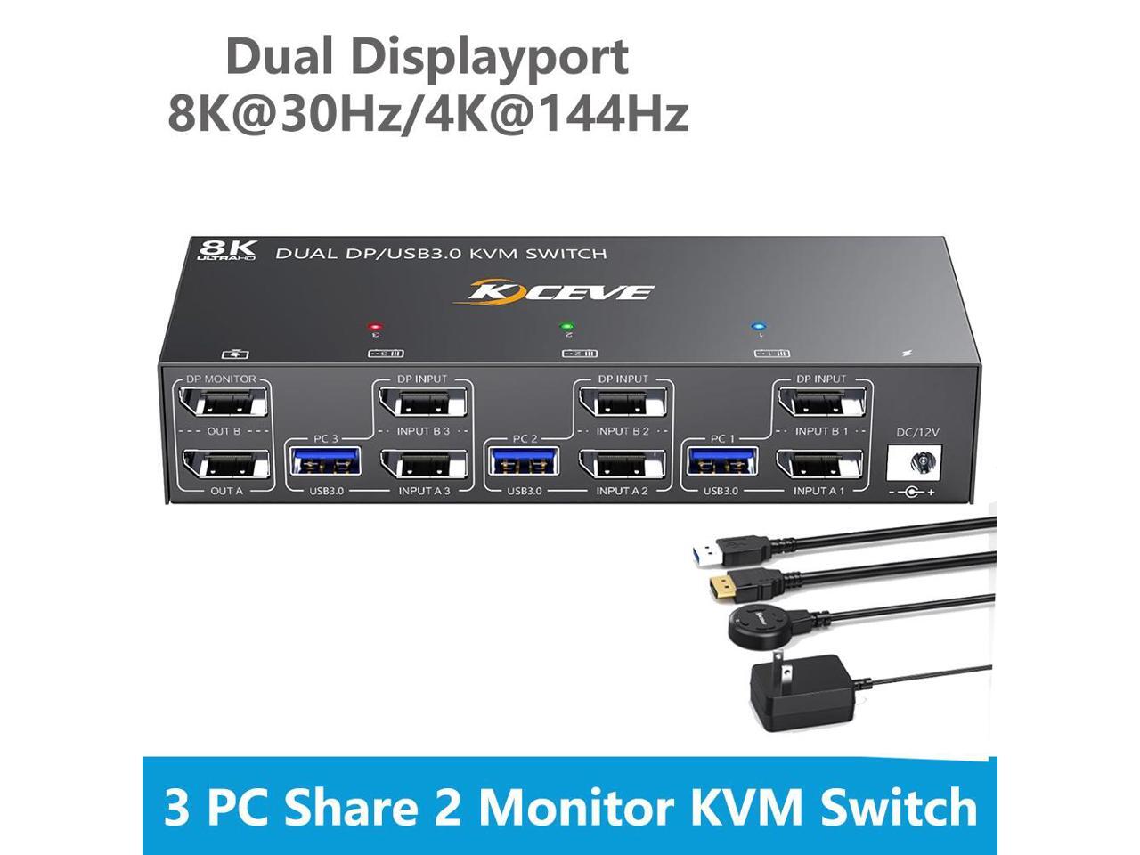 8K DisplayPort KVM Switch 3 PC 2 Monitors 8K@30Hz, 4K@144Hz, Dual ...