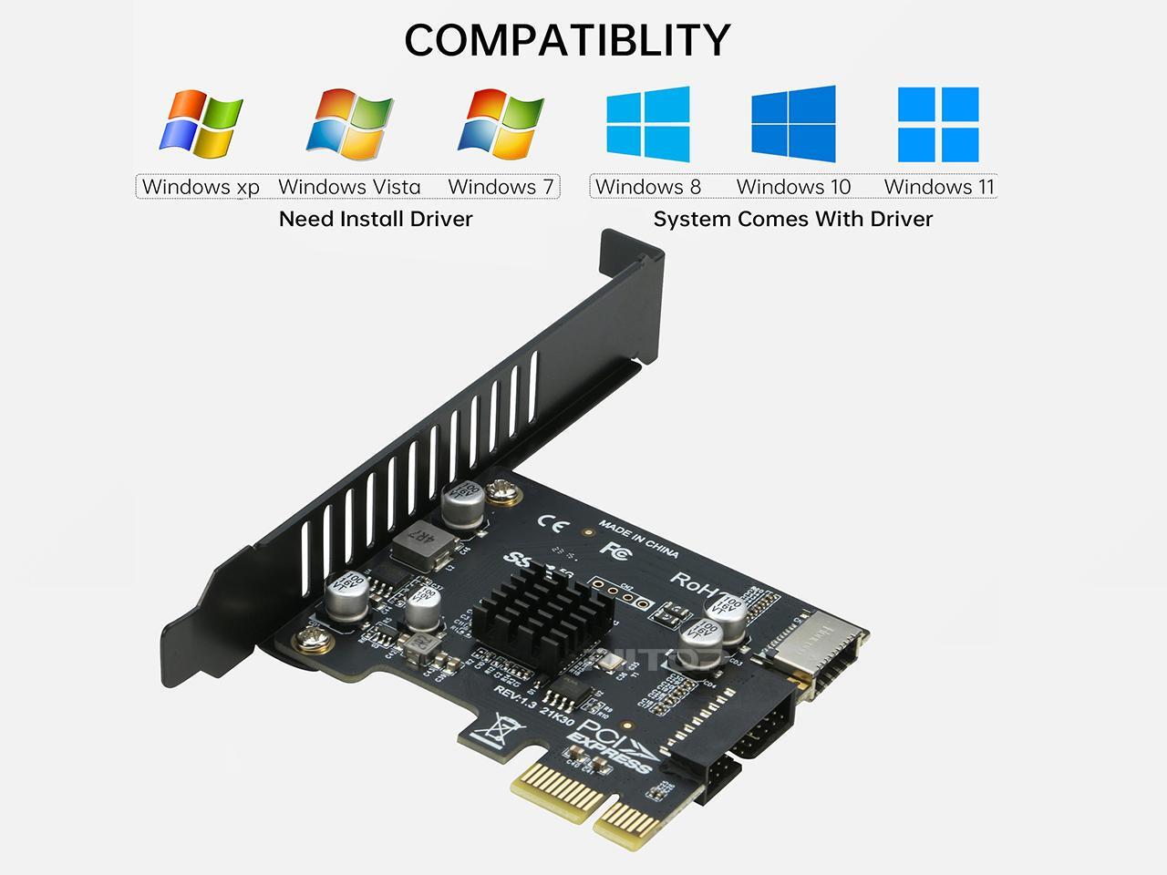 PCI-E 1X to USB 3.2 GEN1 5Gbps 20pin Front Panel Header (to Type-c ...