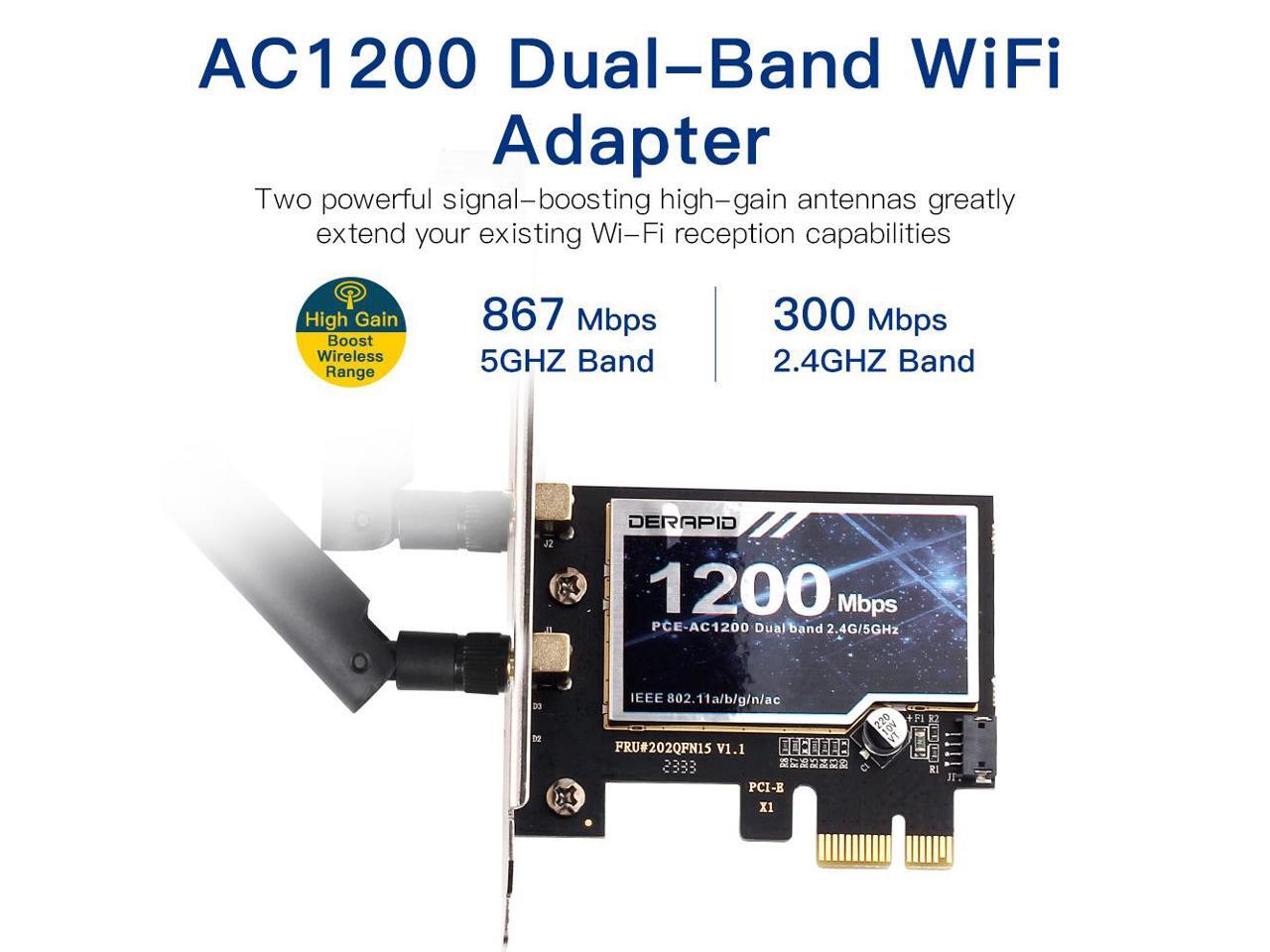 DERAPID PCE-AC1200 PCIe WiFi Card for Desktop Wifi Bluetooth Card Dual ...