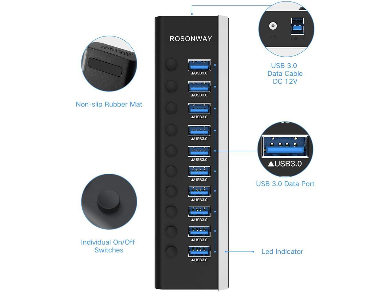 Powered USB Hub, Rosonway Aluminum 10 Port USB 3.0 Data Hub with 36W ...