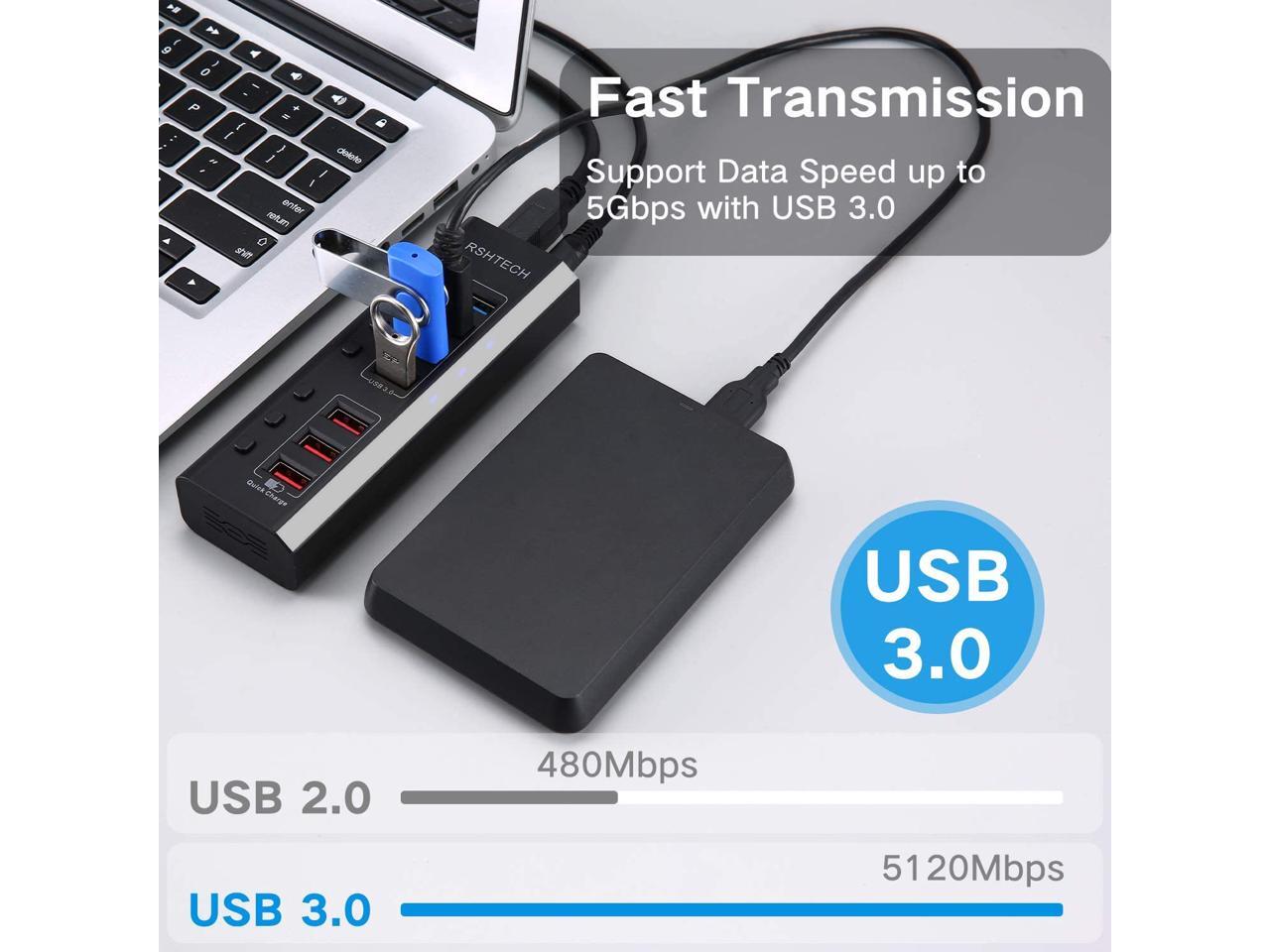 RSHTECH Powered USB Hub 7 Ports USB 3.0 Hub with 4 High Speed Data ...