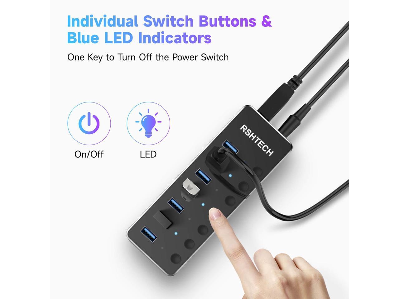 Powered UBS Hub, RSHTECH 7 Port USB 3.0/USB C Hub Upgraded Version Aluminum USB Hub with 2-in-1 ...