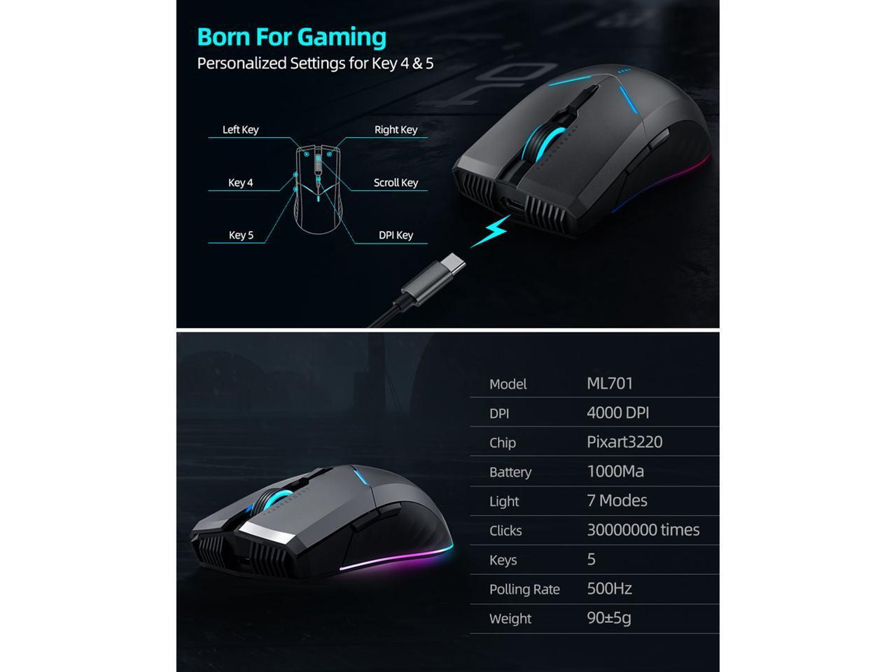 ThundeRobot ML701 Wireless Gaming Mouse, Rechargeable Computer Gaming Mouse 5 Adjustable DPI ...
