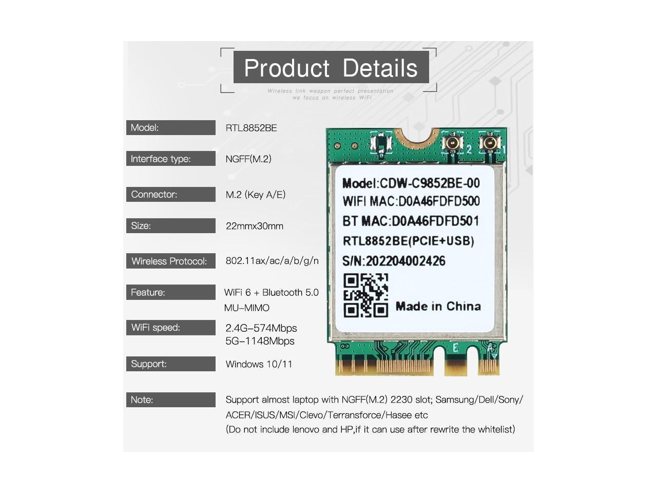 Wifi 6 Realtek RTL8852BE Network Card 1800Mbps BT 5.0 Dual Band ...