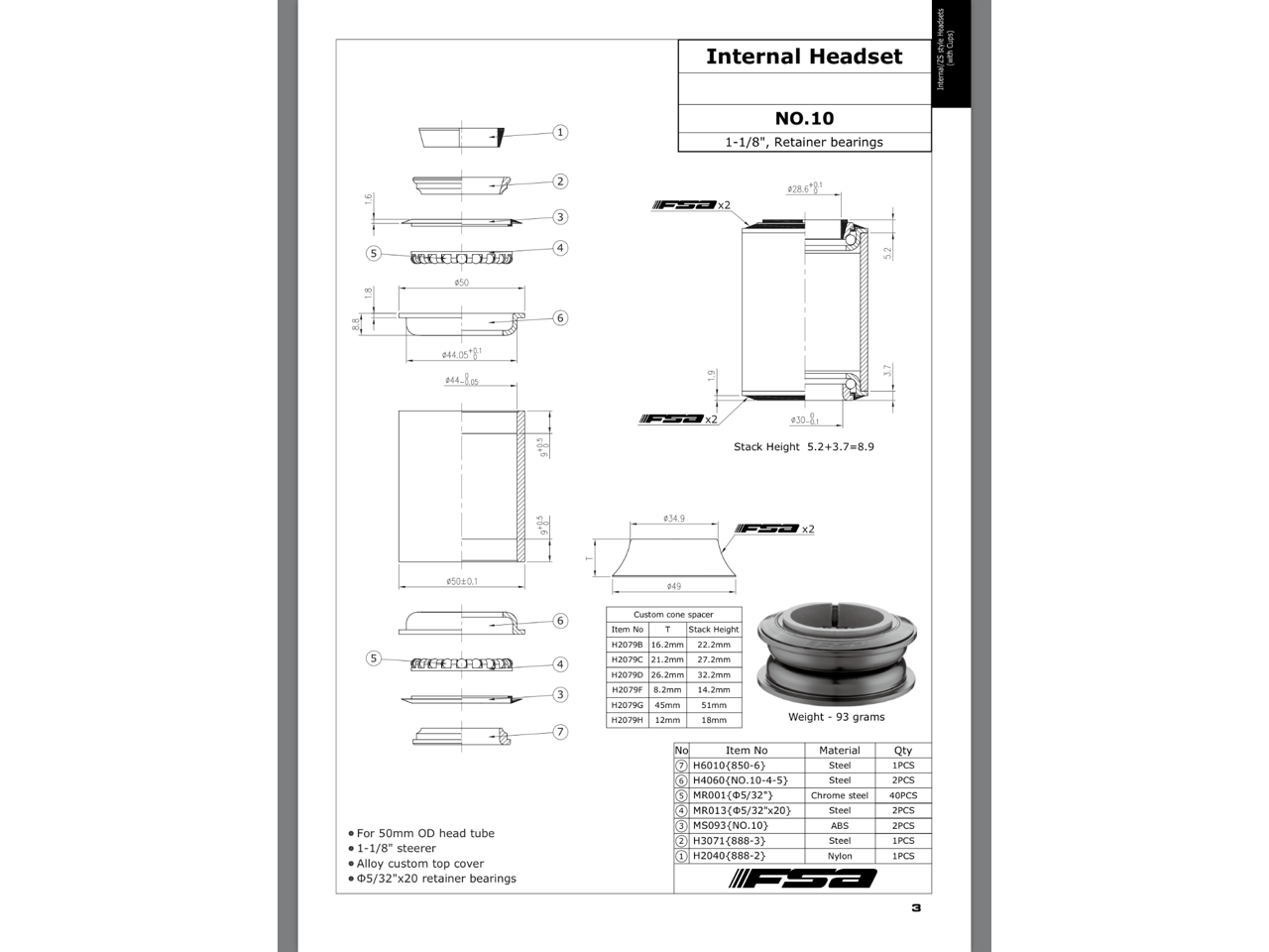 FSA No.10 Semi Integrated/Internal Headset - 1-1/8" 16.2mm Top Cone ...