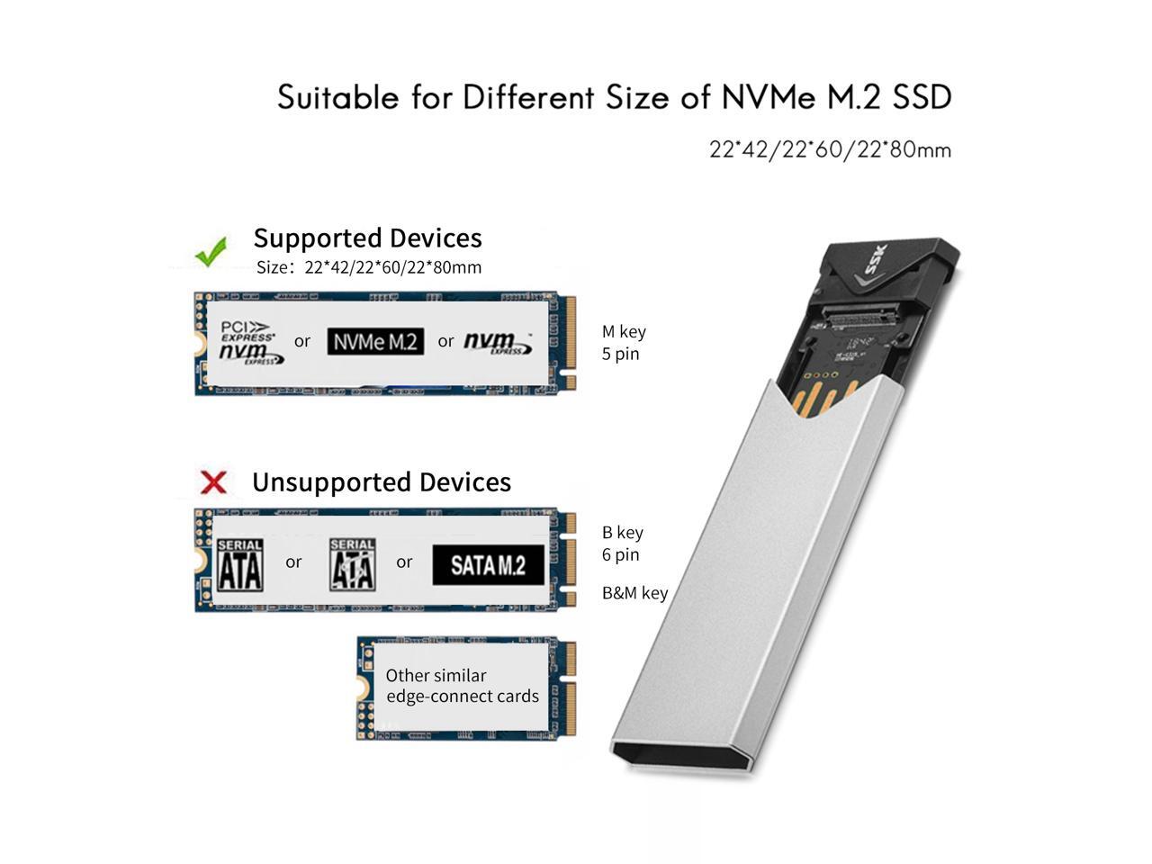 SSK Aluminum M.2 NVME SSD Enclosure Adapter, USB 3.1 Gen 2 (10 Gbps) to ...
