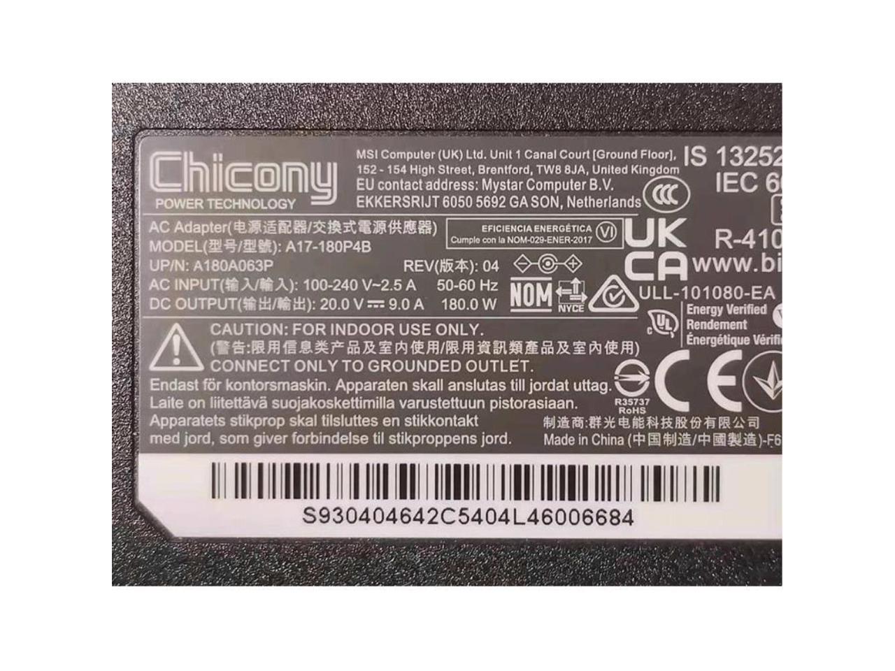 Chicony 20V 9A 180W A17-180P4B A180A063P Power Supply AC Adapter For ...