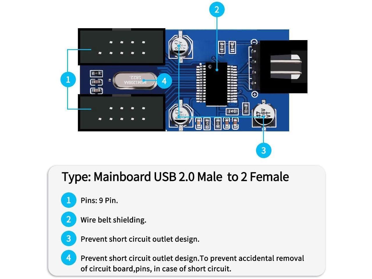 9 Pin 2 in 1 Internal USB Splitter Cable, 9 pin USB Header Male 1 to 2 ...