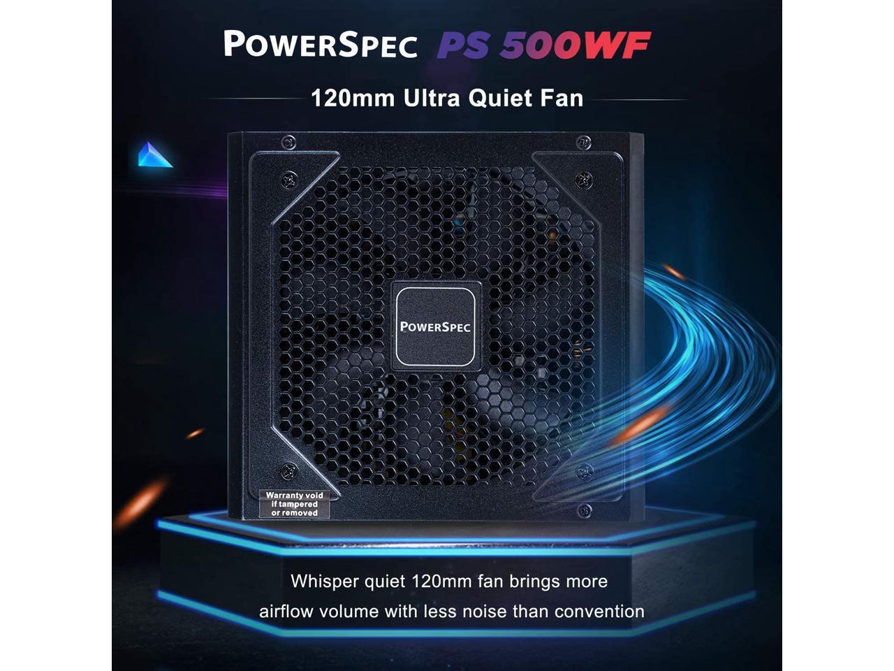 PowerSpec 500W Power Supply 80 Plus Certified Fixed Cable Non-Modular ...