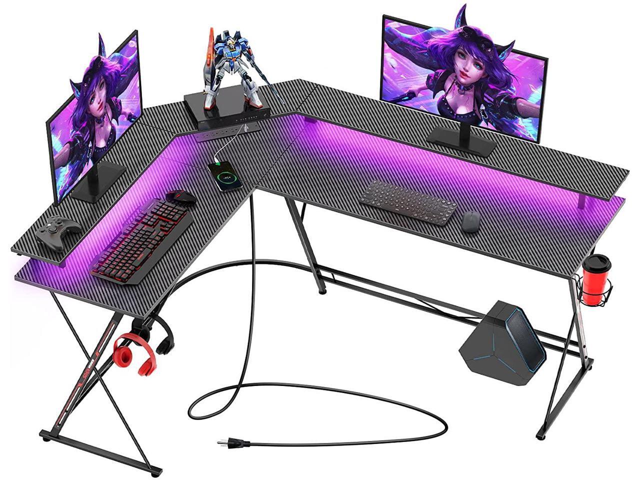 Gaming Desk 58 with LED Strip & Power Outlets, L-Shaped Computer Corner ...