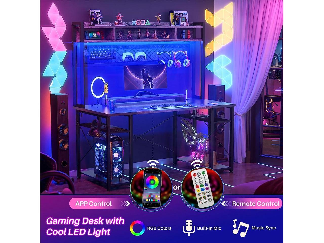 Gaming Desk with Hutch, 48'' Magic Computer Desk with LED Lights and ...