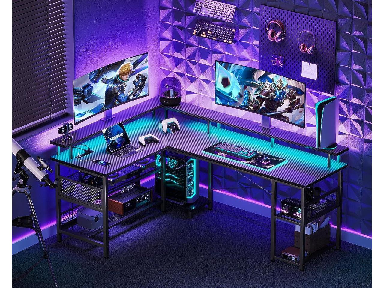 66" L Shaped Gaming Desk with Power Outlet and LED Lights, Reversible L ...