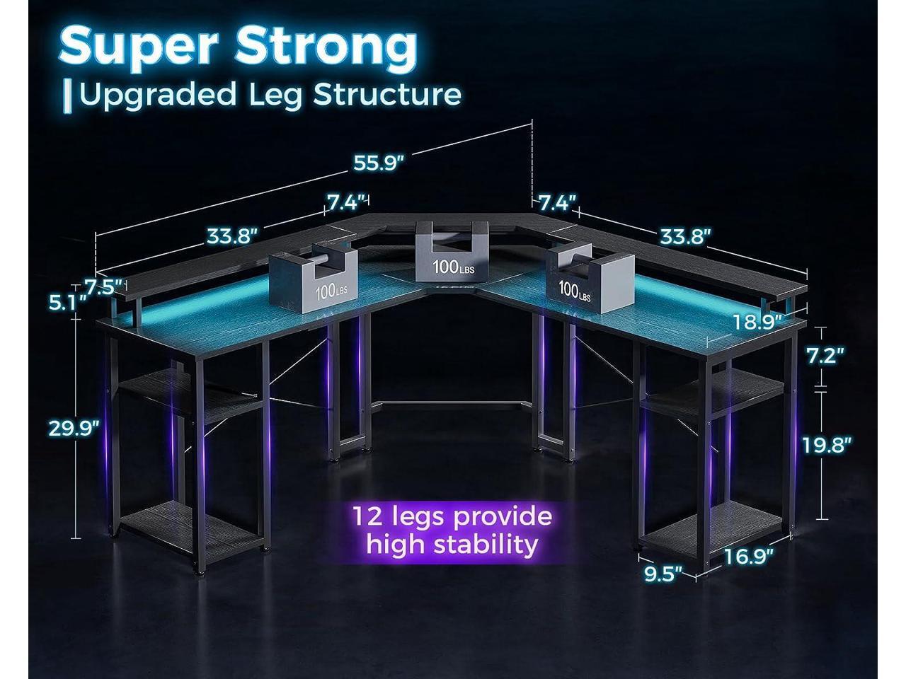 56" L Shaped Gaming Desk with LED Lights & Power Outlets, Reversible ...