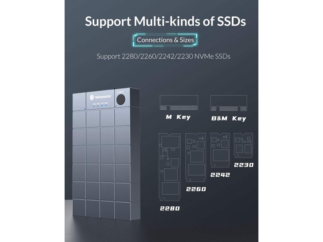 Yottamaster Dual-Bay M.2 NVMe Cloner Duplicator, Aluminum Alloy Offline Cloning Docking Station ...