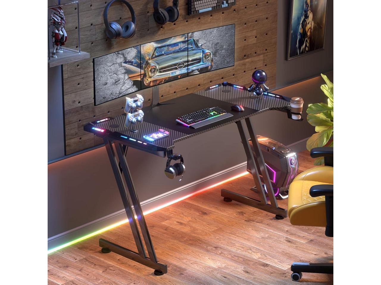 CORN 63 Inch Gaming Desk with LED Lights Carbon Fibre Surface Gaming ...