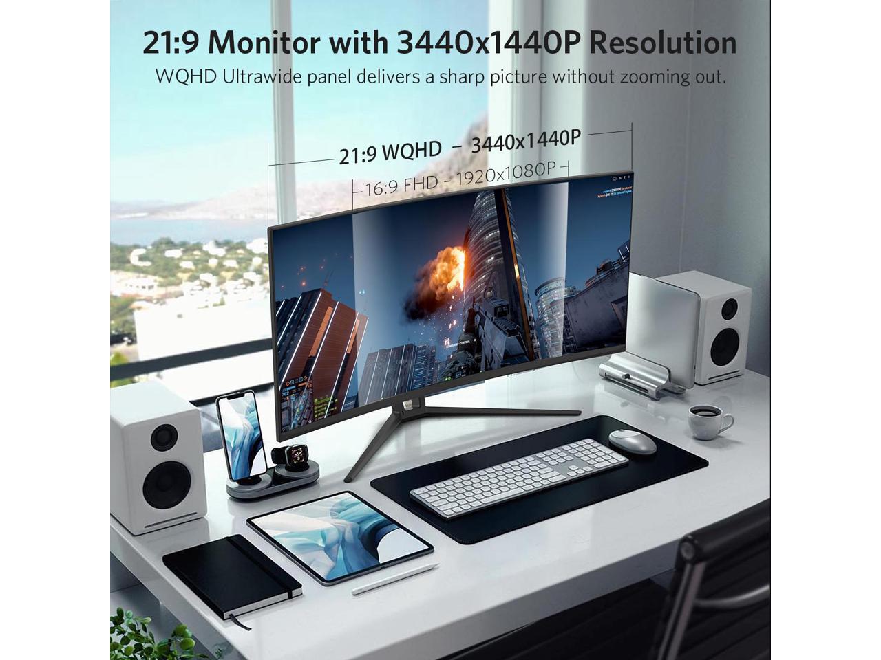 Fiodio V3L6W 35" Ultra Wide 21:9 3440×1440P QHD Curved Gaming Monitor ...
