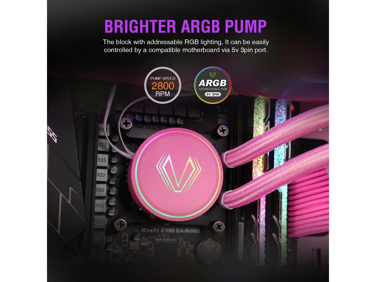 Vetroo V360 Pink Liquid CPU Cooler, 3X 120mm Addressable RGB & PWM Fans ...