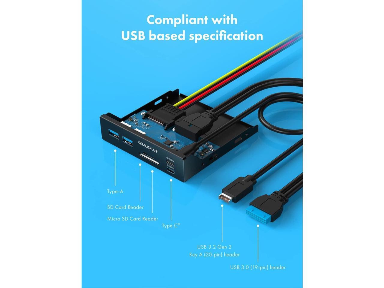 GRAUGEAR 3.5 inch Front Panel USB Hub w/Internal Card Reader, 10Gbps USB3.2 USB C, SD/microSD ...