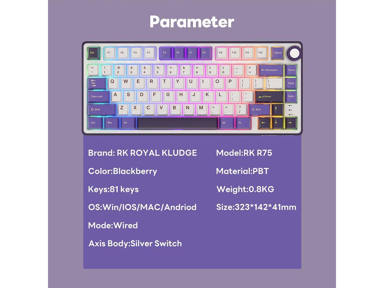 RK ROYAL KLUDGE R75 Mechanical Keyboard Wired with Volumn Knob 75% TKL ...