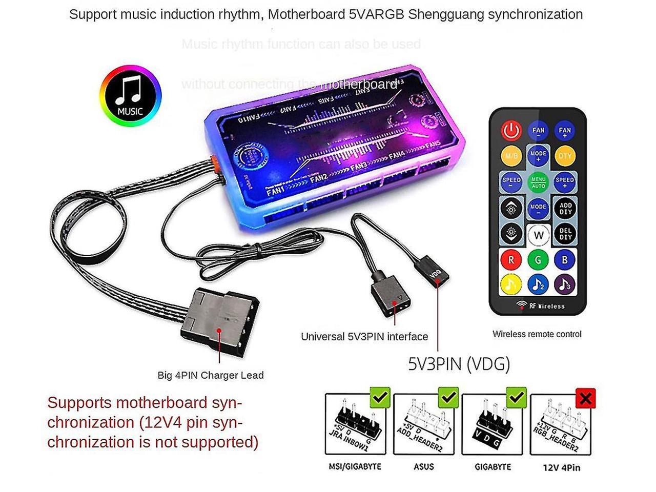 120mm Case Fan with Controller, Black 5V/6PIN ARGB Motherboard Computer ...