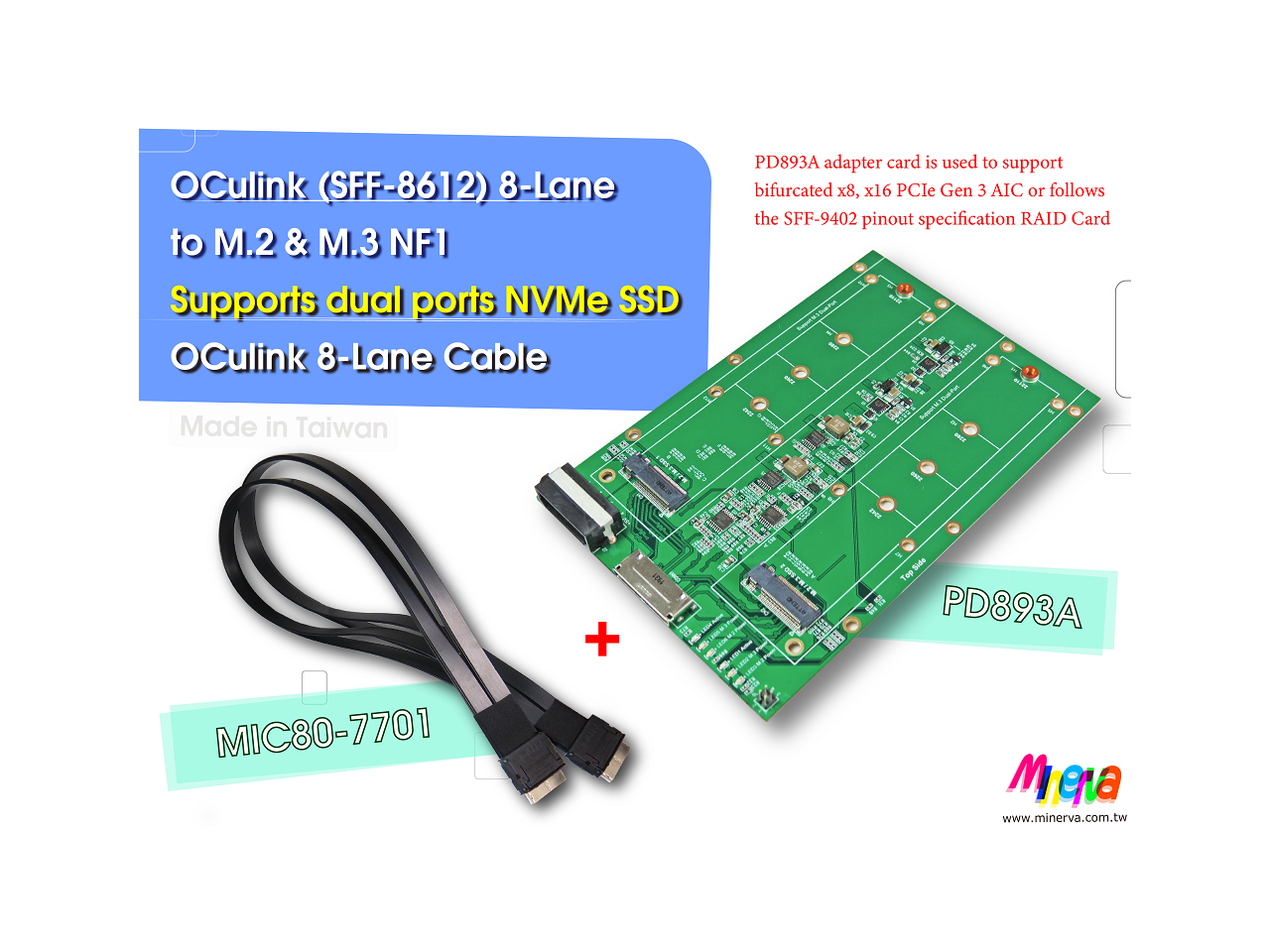 PD893A - OCulink (SFF-8612) 8-Lane to M.2 NVMe SSD dual ports Adapter ...