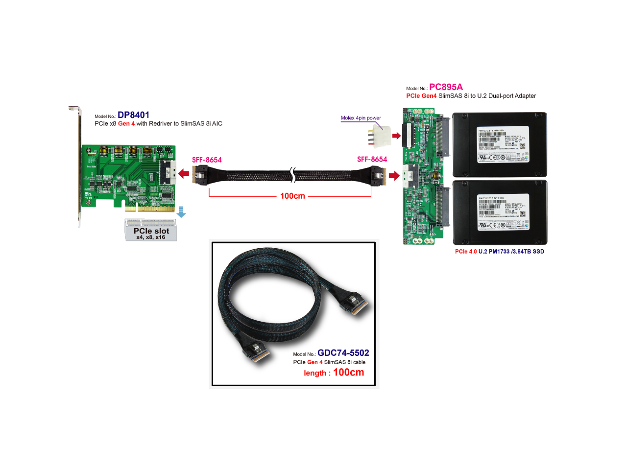 SlimSAS 8i PCIe 4.0 to U.2 dual port for MZWLJ3T8HBLS-0007C & SlimSAS ...