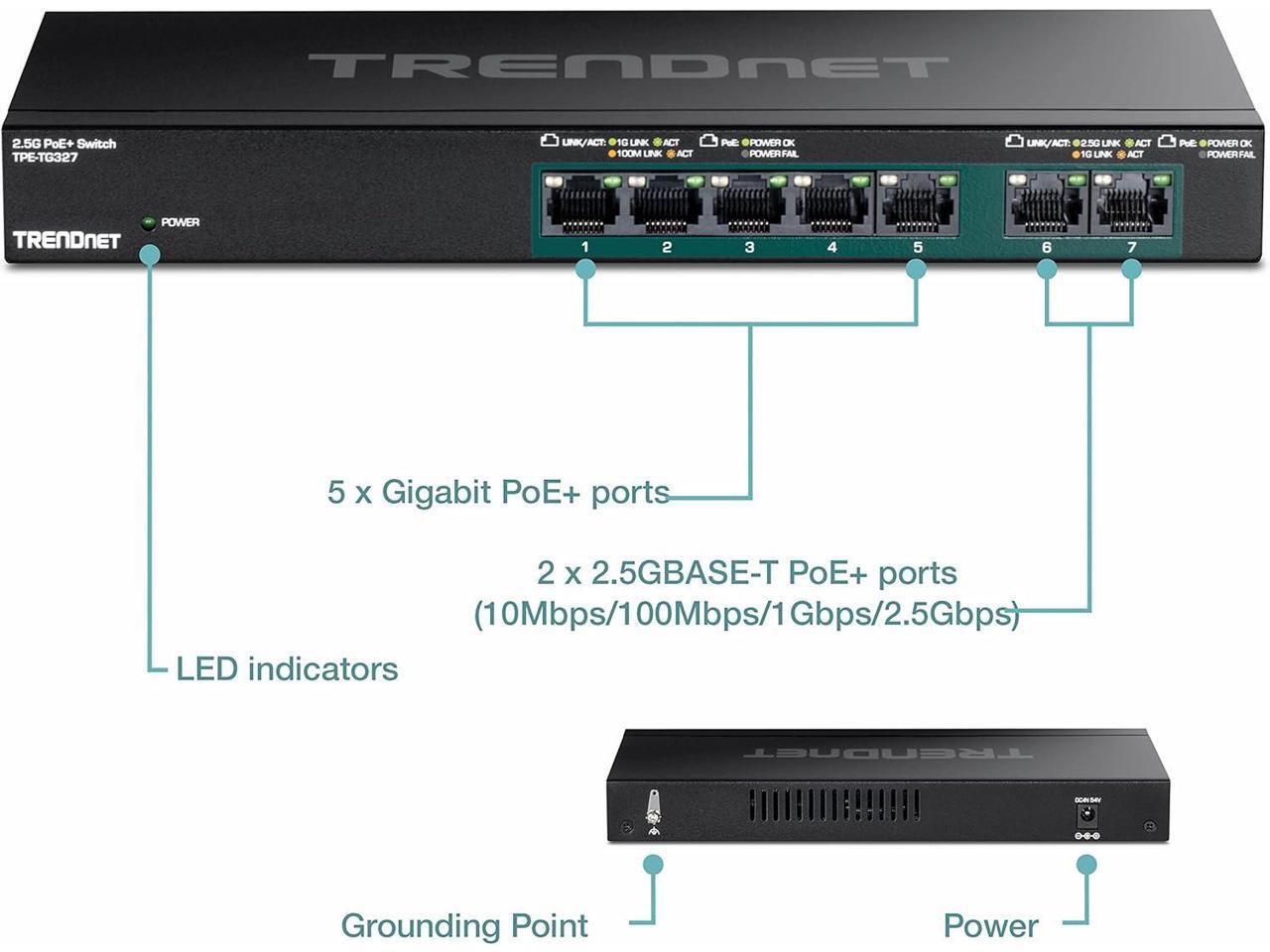 TRENDnet 7-Port Multi-Gig PoE+ Switch, 5 x 1G RJ-45 PoE+ BASE-T Ports ...
