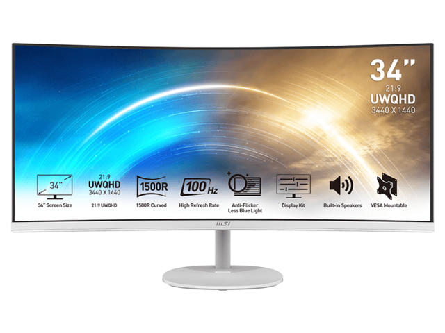 Msi Pro MP341CQ 34 21:9 Uwqhd 100Hz Curved Va Lcd Hdr Monitor  White - White