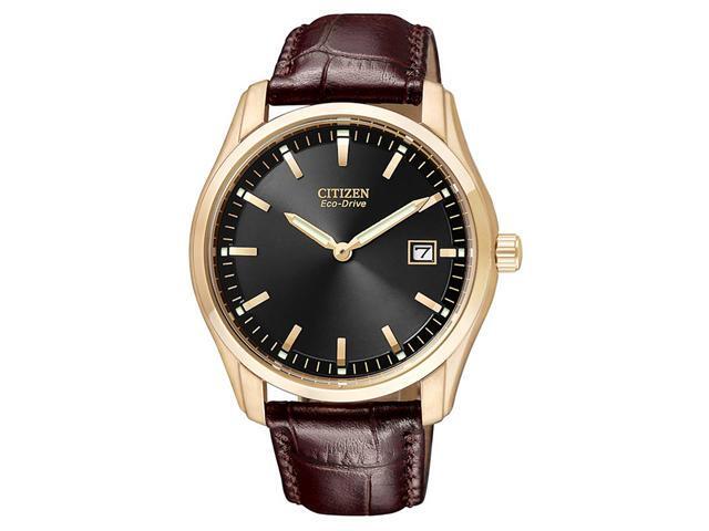 Click here for Citizen Eco-Drive Mens Black Date Rose Gold Leathe... prices