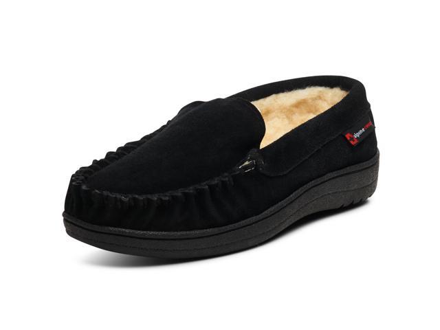 Alpine Swiss Mens Moccasin Slippers Genuine Suede House Shoe Memory Foam Insole Plush Faux Shearling Lining Comfy Indoor Outdoor Anti-Slip Rubber Sol