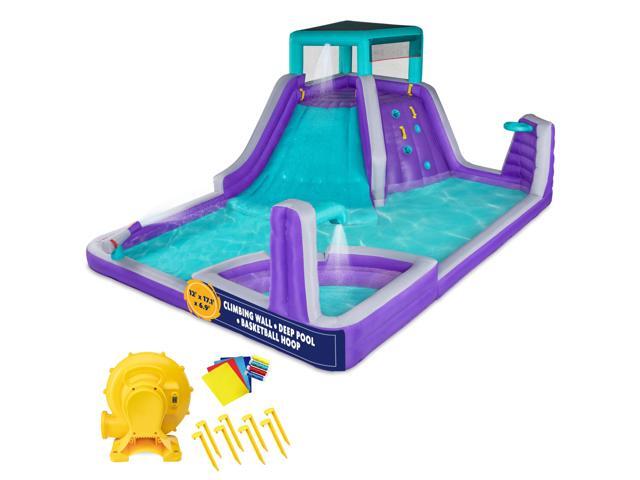 Sunny & Fun Four Corner Inflatable Water Slide Park Heavy-Duty for Outdoor Fun - Climbing Wall  Slide & Deep Pool Easy to Set Up & Inflate with...