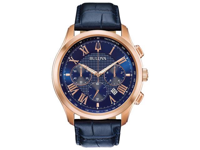 Bulova Mens Chronograph Wilton Blue Leather Strap Watch 46.5mm