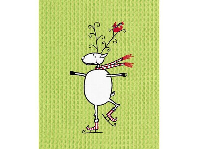 Click here for Reindeer in Ice Skates on Lime Green Waffle Weave... prices